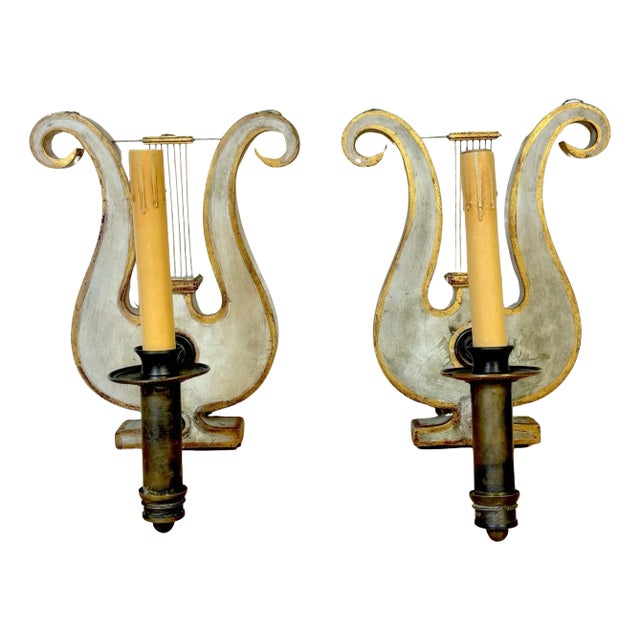 English Regency Gray Painted Tole & Brass Lyre Motif Wall Sconces - a ...