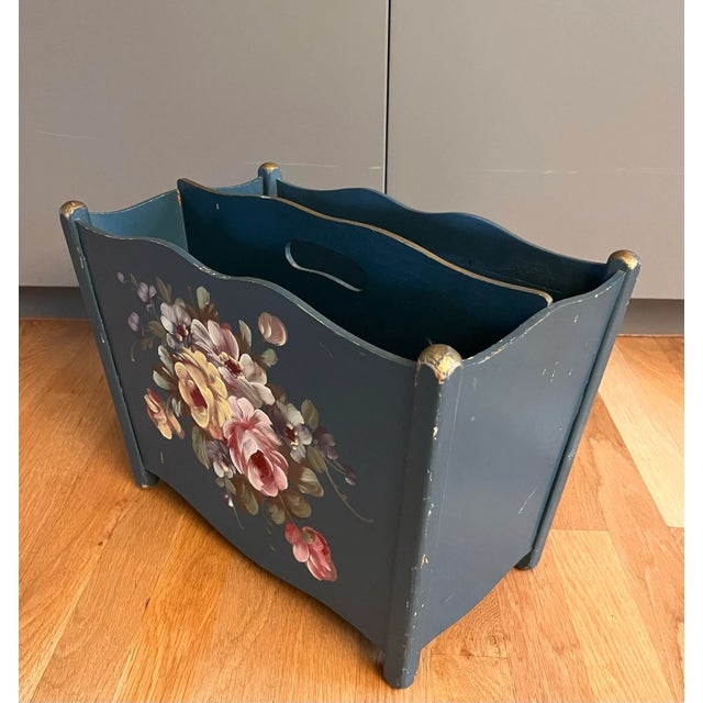Antique Floral Painted Wood Magazine Rack | Chairish