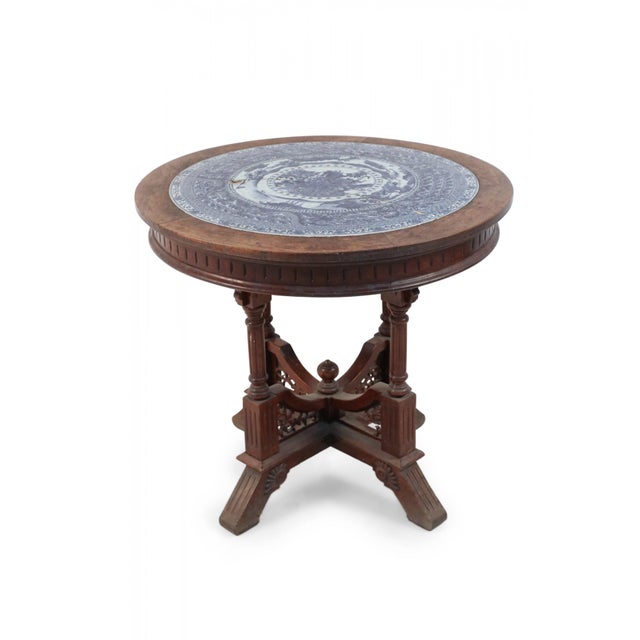 Victorian Oak and Chinese Porcelain Inlay Center Table | Chairish