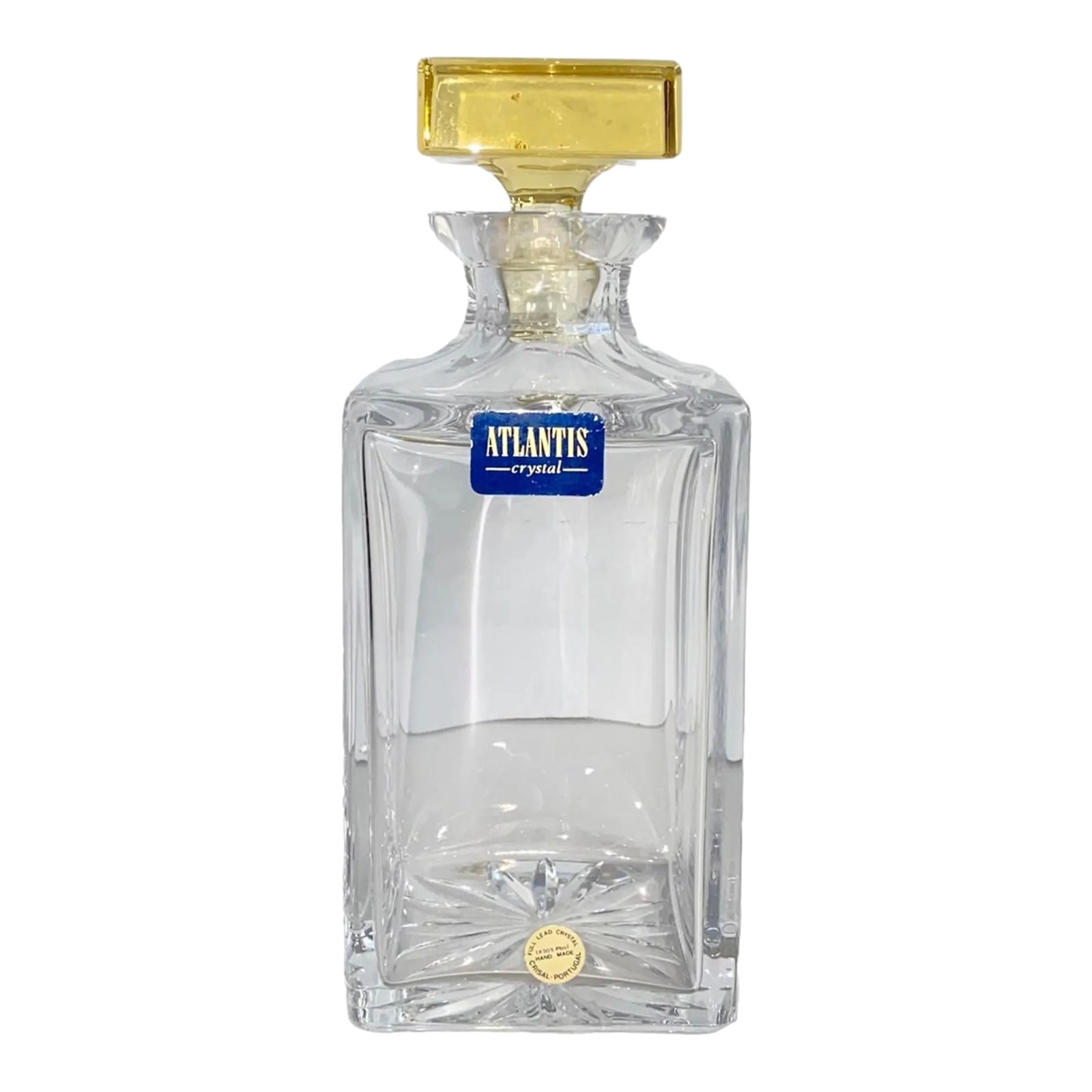 Vintage Atlantis Crystal Square Decanter Golden Yellow Stopper Handmade ...