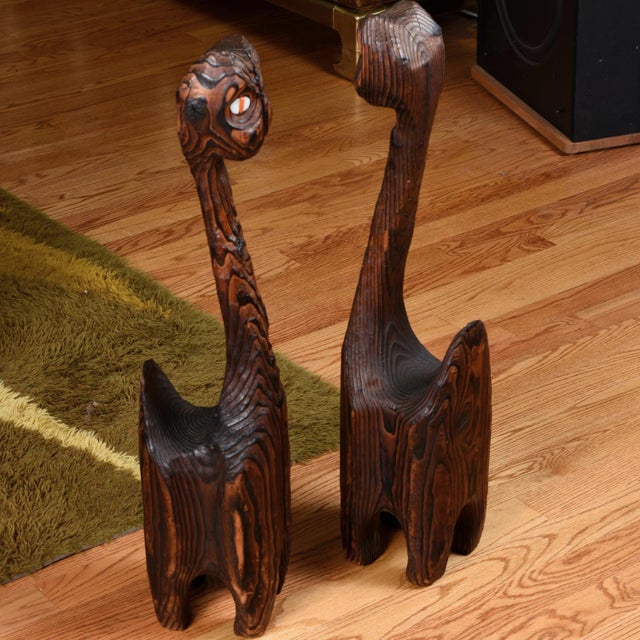 Pair of Witco Tiki Carved Cedar Wood Meathead Cat Sculpture Figures ...