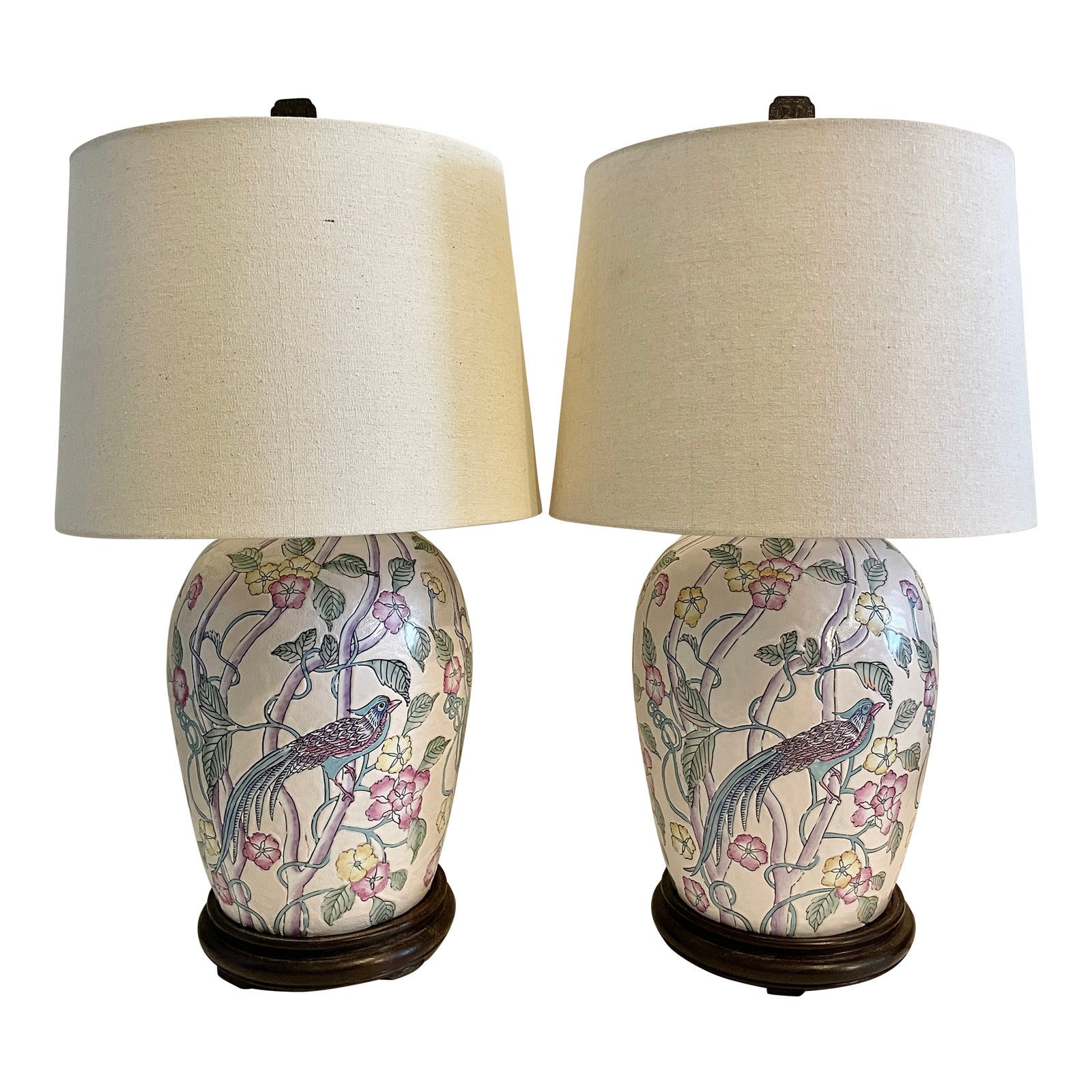 Pair of Asian Ceramic Table Lamps With Engraved Painted Design | Chairish