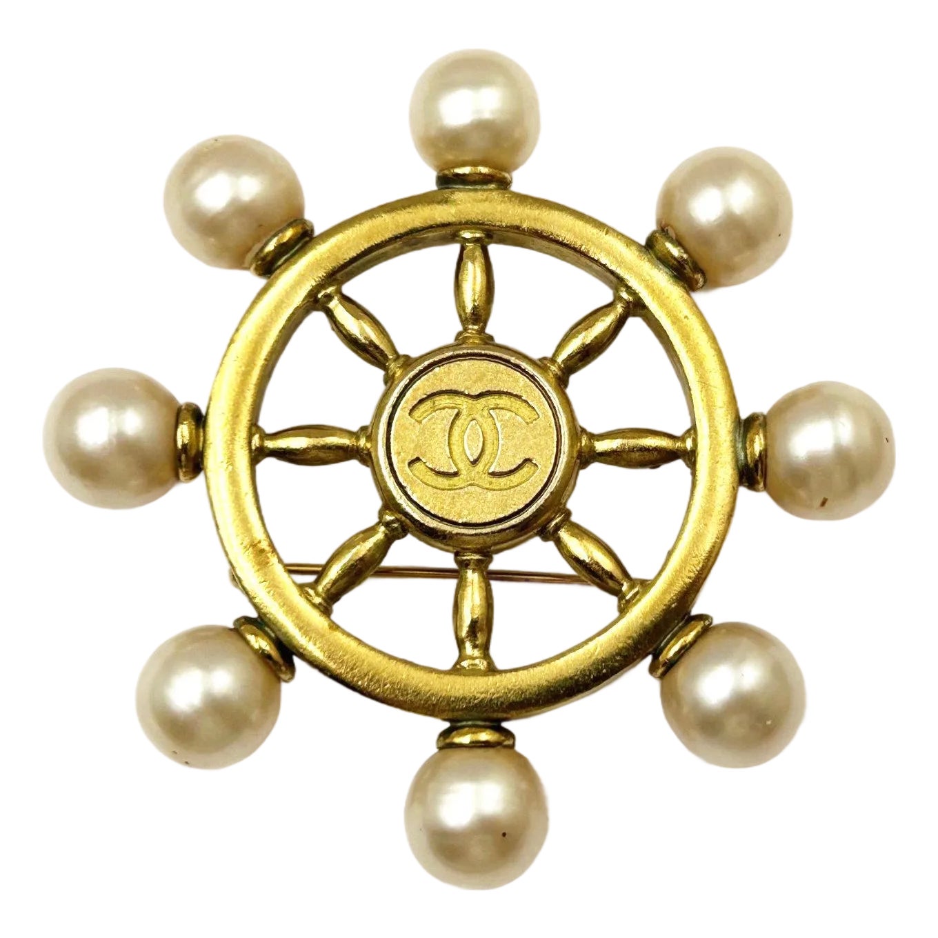 1990s Chanel Vintage Gold Plated Sailor Wheel Faux Pearl Brooch | Chairish