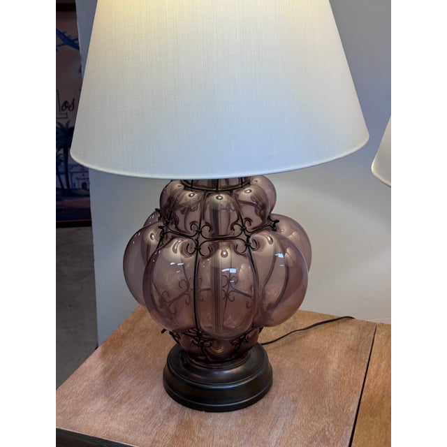 Vintage Amethyst Caged Bubble Glass Table Lamps, a Pair | Chairish
