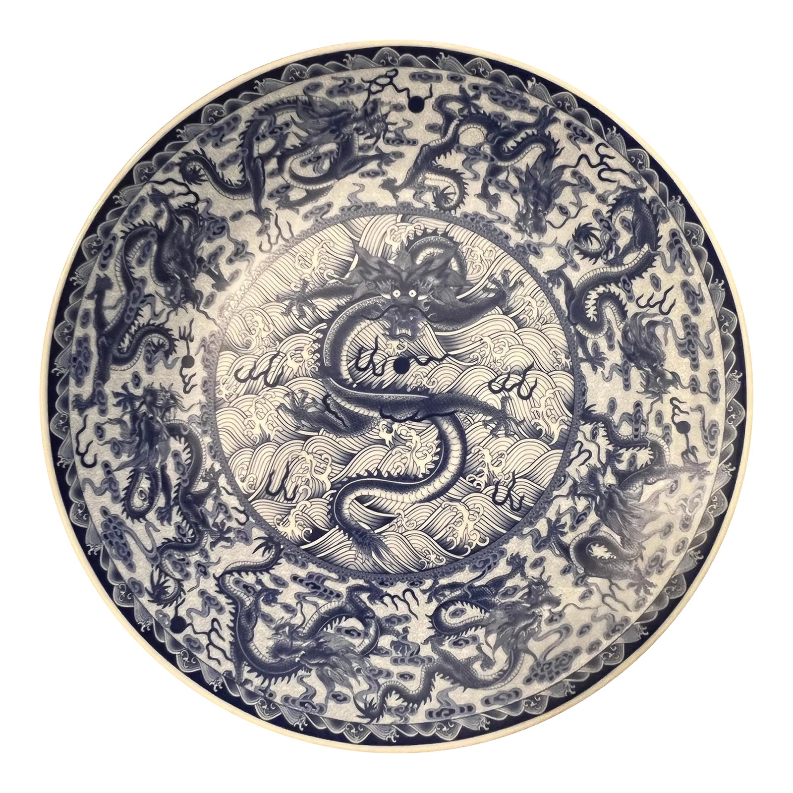 Large Chinese Blue & White Porcelain Dragon Dish | Chairish