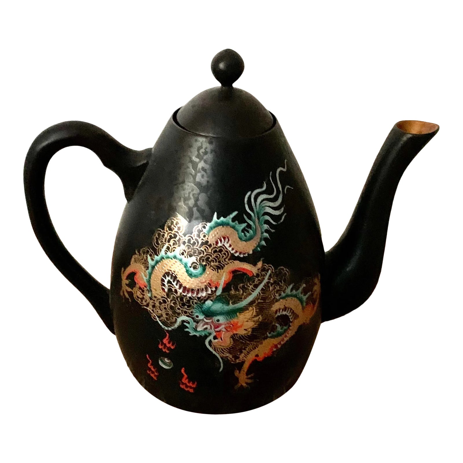 Mid Century Hand Painted Black Lacquer Chinese Wooden Teapot With Gilt ...