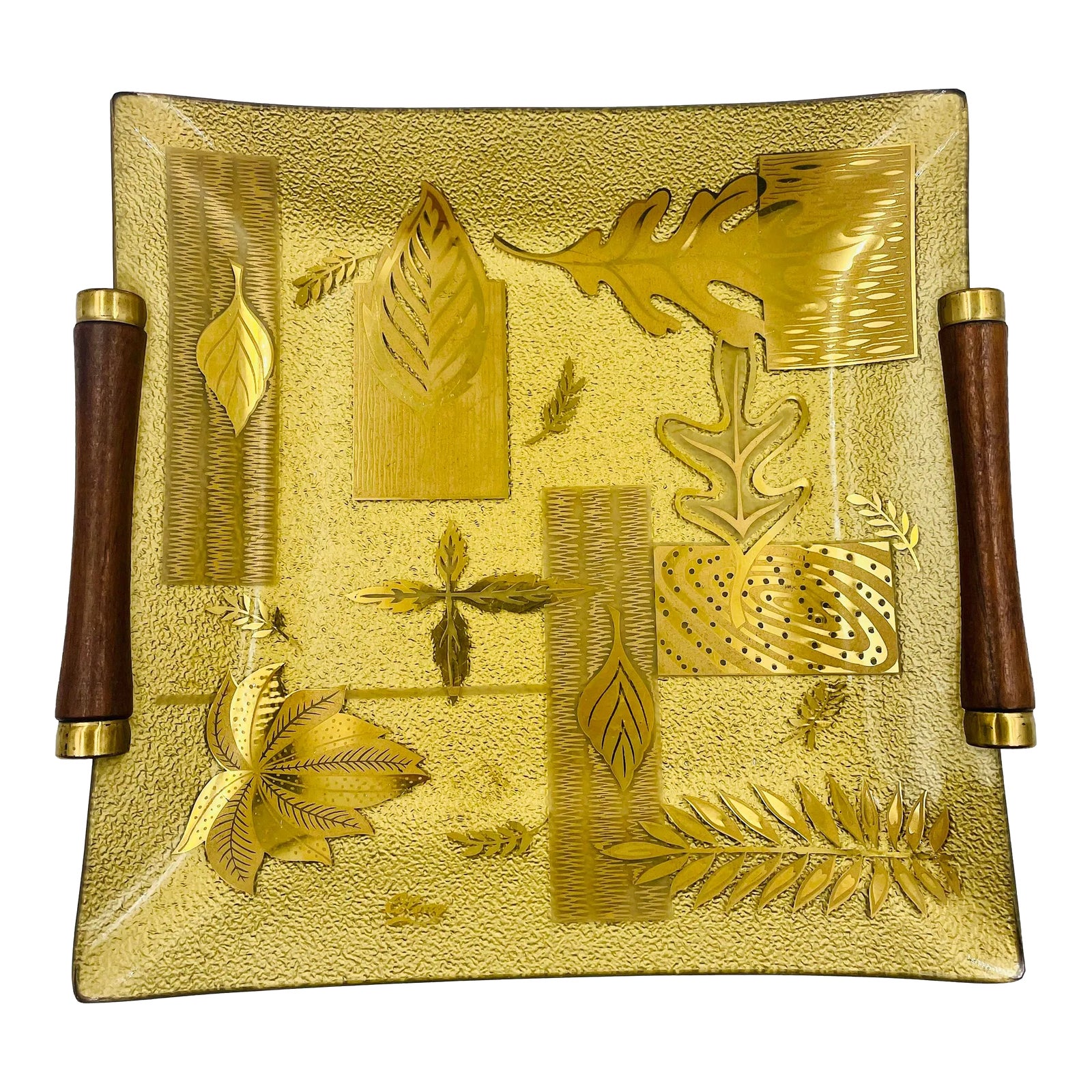Mid-Century Modern Colony Glass "Leaf" Motif Glass & Teak Handled Gold ...