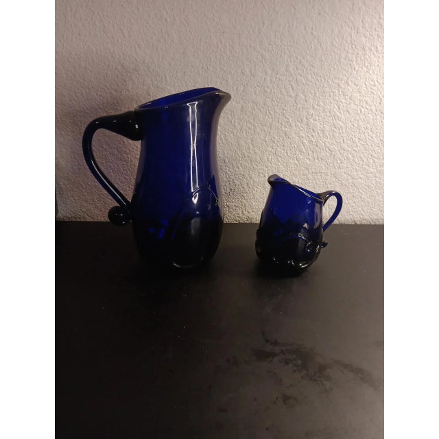 1980s Signed Mexican Blown Art Glass Pair Of Cobalt Blue Pitchers Set