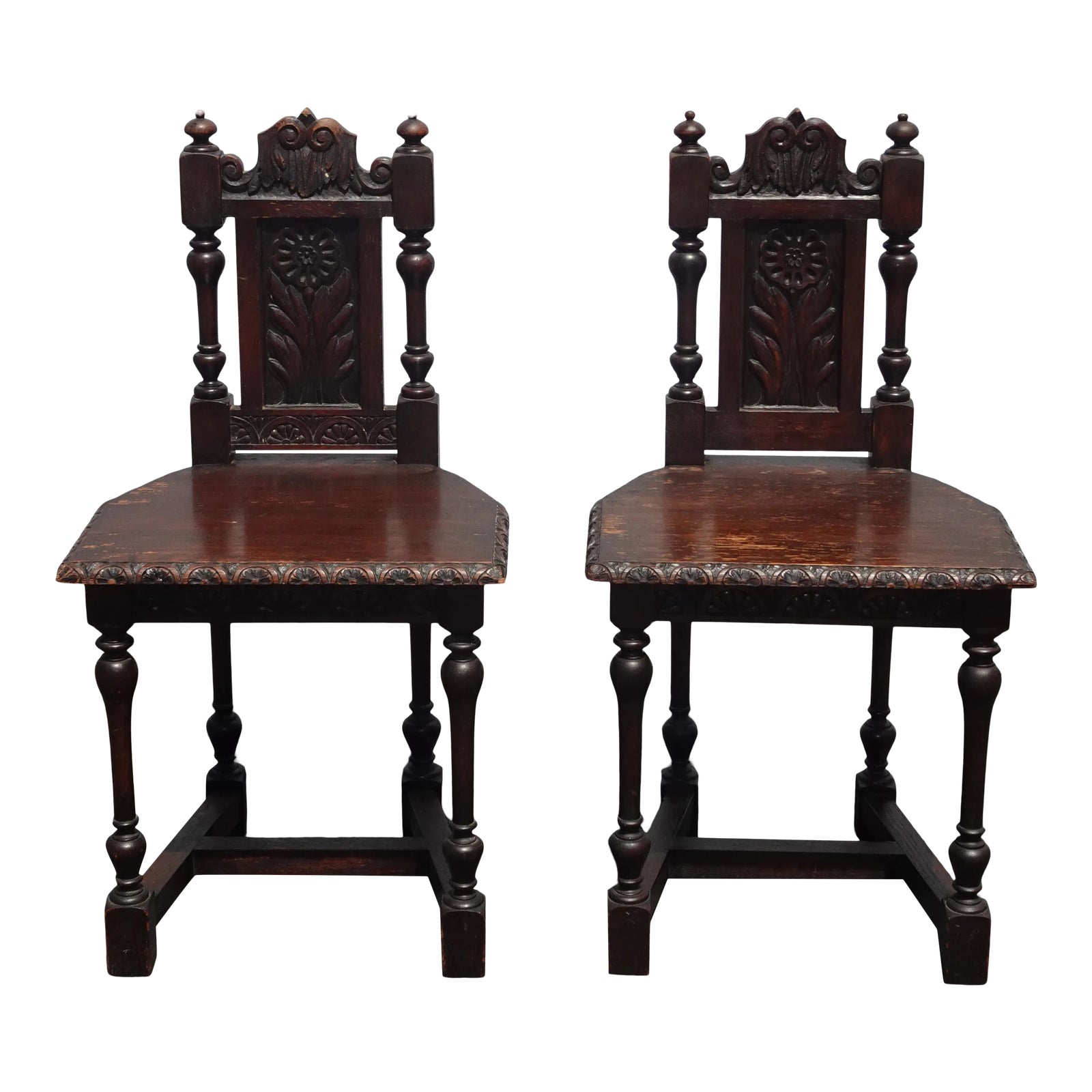 Pair of Two Vintage Spanish Stylely Carved Accent Chairs | Chairish