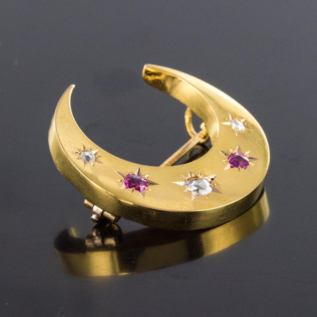 20th Century French Diamonds Ruby 18 Karat Yellow Gold Moon Brooch ...
