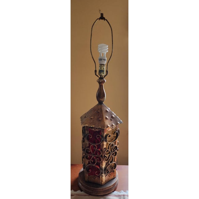 1960s Large Spanish Revival Gilded Red and Yellow Glass Lamp | Chairish