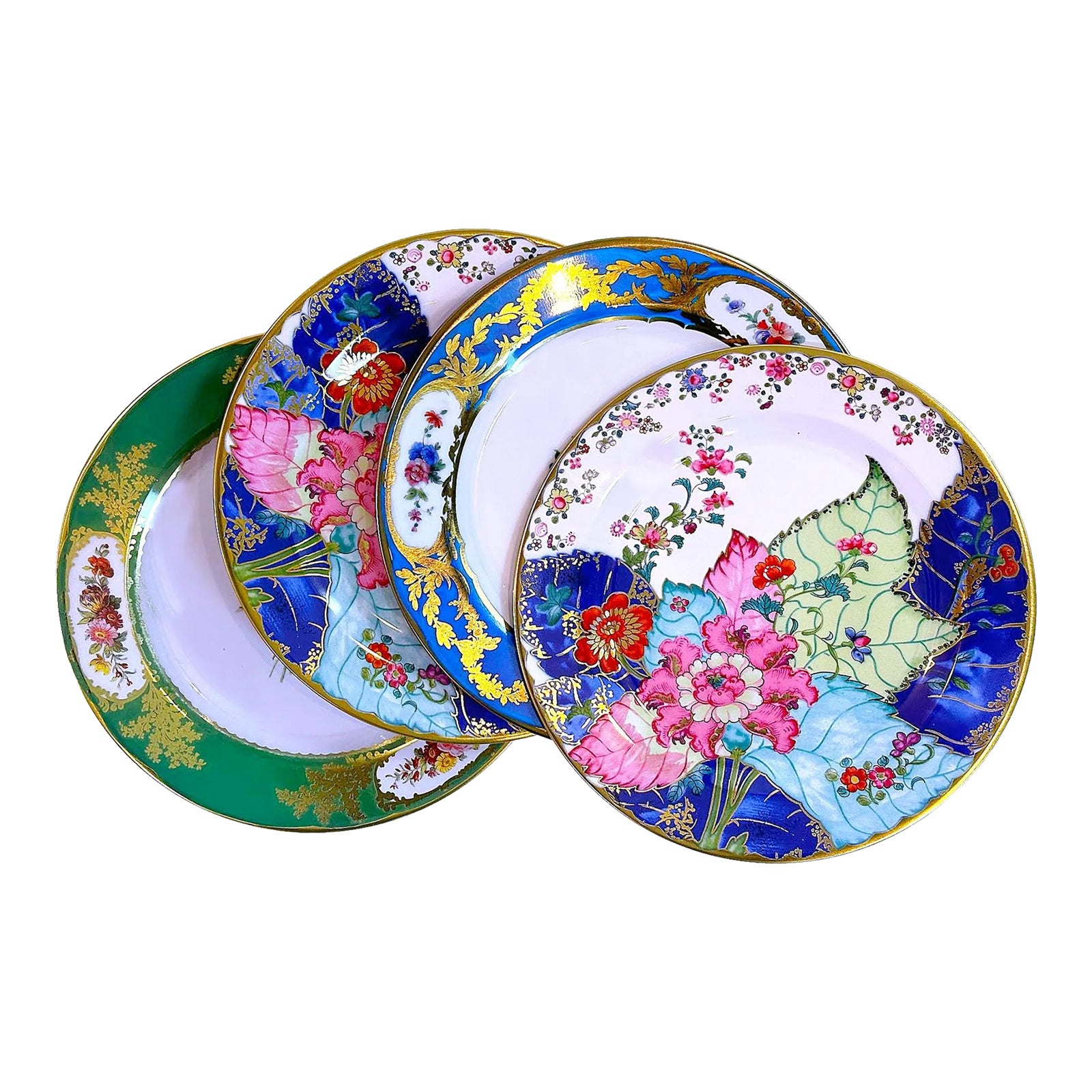 Enameled English Multicolored Tin Plates - Set of 4 | Chairish