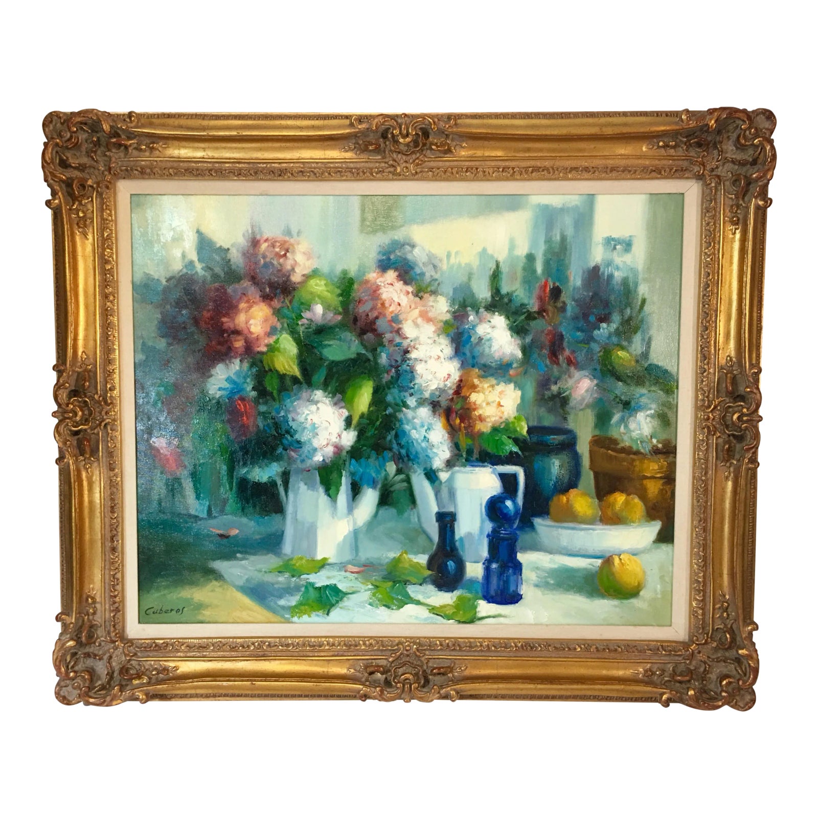 Vintage Still Life With Flowers Oil Painting by Manuel Cuberos | Chairish