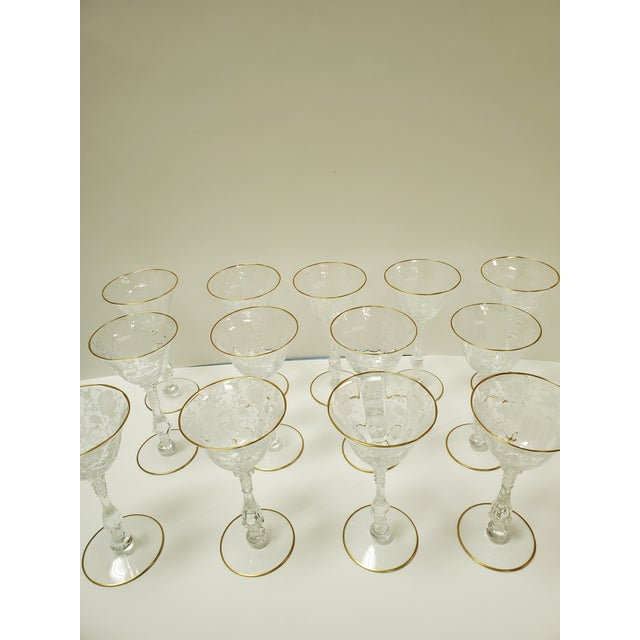 1950s Cambridge Crystal Wildflower Liquor/Cocktail Stemware with Gold Rim - Set of 13 | Chairish