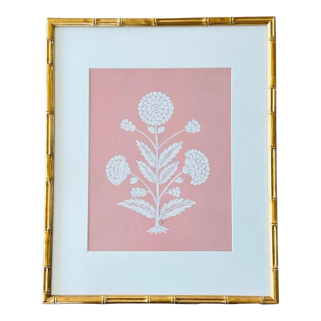 Hand-Painted Jaipuri Pink & White Abstract Floral Motif Painting | Chairish