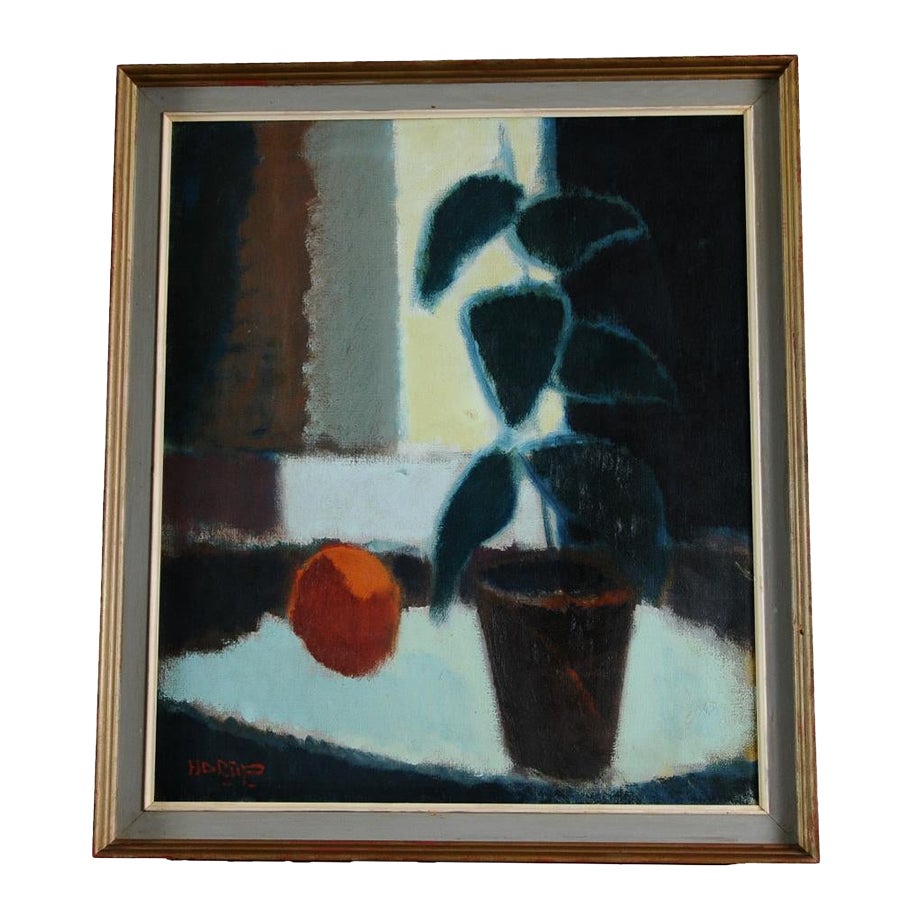Mid-Century Modern "Still Live With Flower and Orange" Oil on Canvas by ...