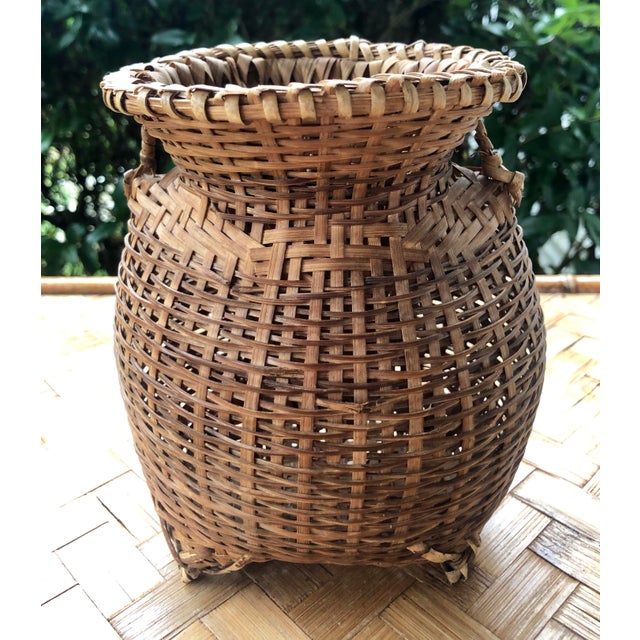 Antique Asian Natural Woven Wicker Rattan Footed Basket Urn | Chairish