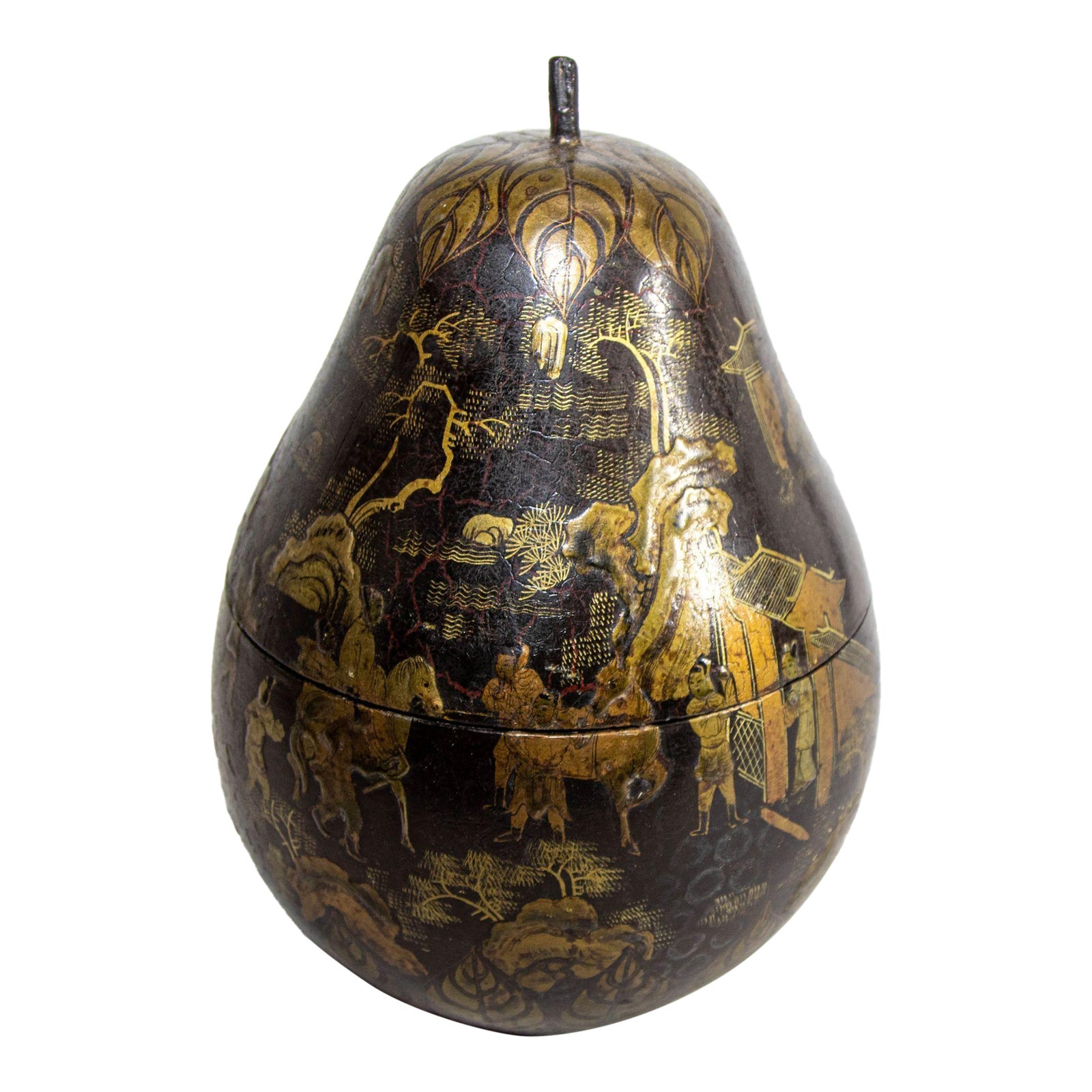Large Antique Chinese Pear Shape Black Lacquered Gilt Painted Covered ...