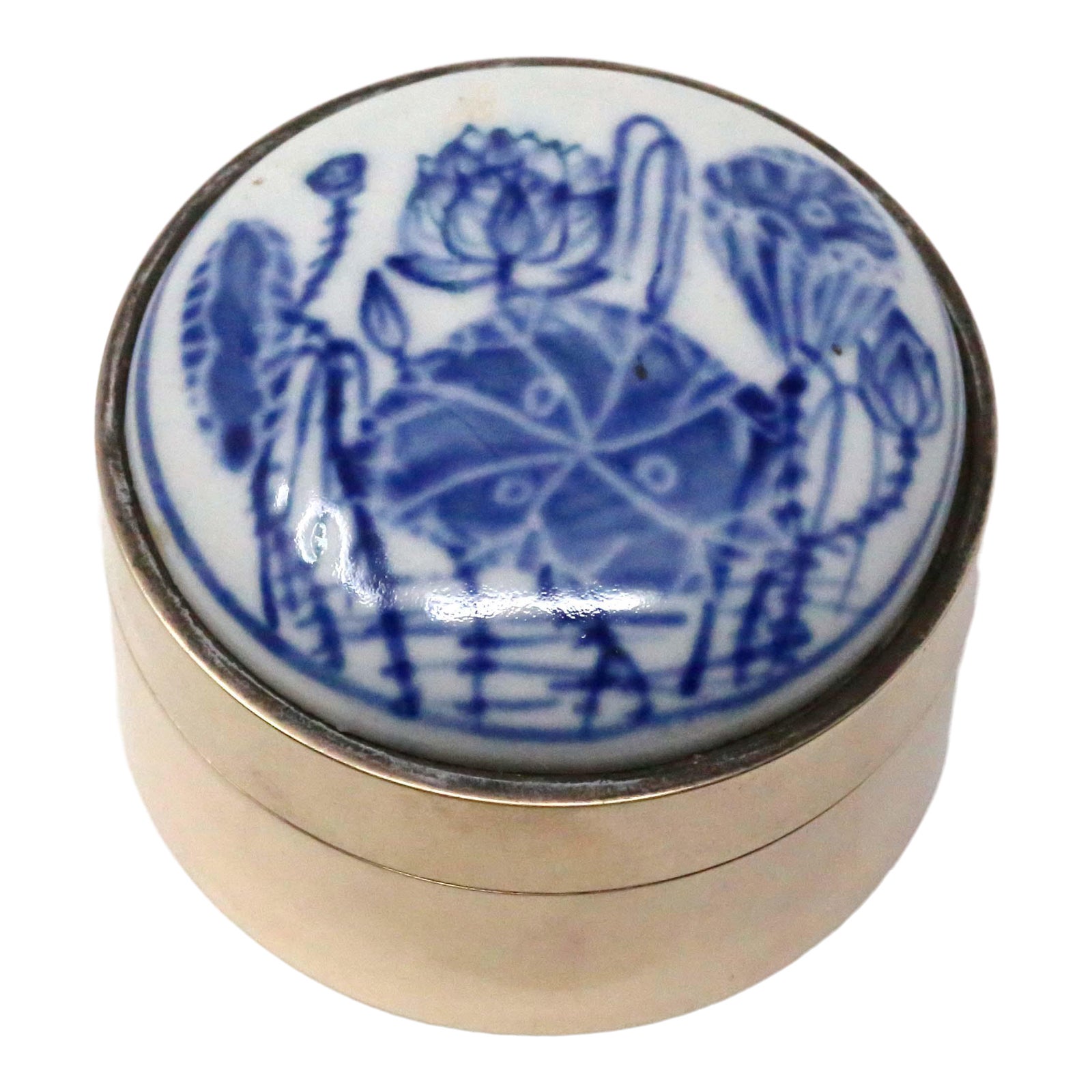 Vintage Brass and Porcelain Hand-Painted Lotus Flowers Trinket Box ...