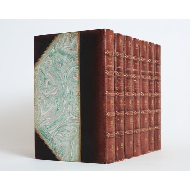 Antique Works of Longfellow Brown Leather-Bound Books - Set of 7 | Chairish