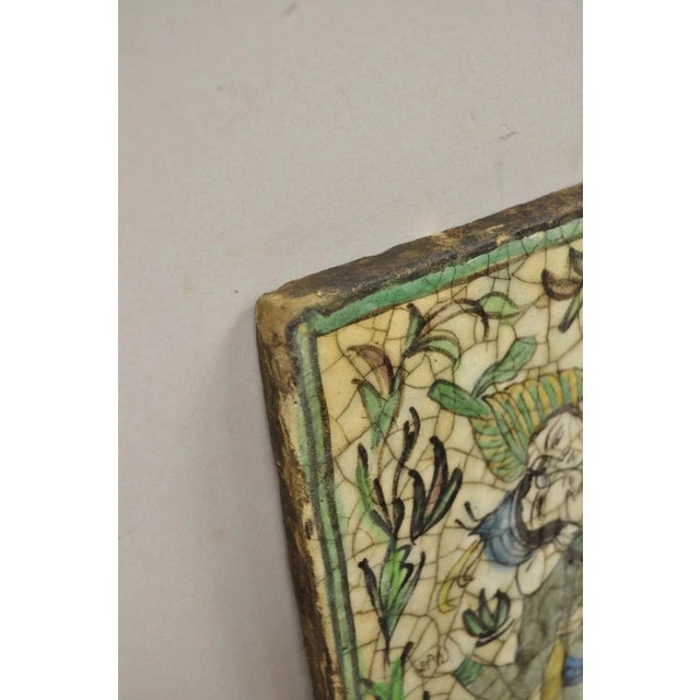 Antique Persian Iznik Qajar Style Ceramic Pottery Tile Green Man Lady ...