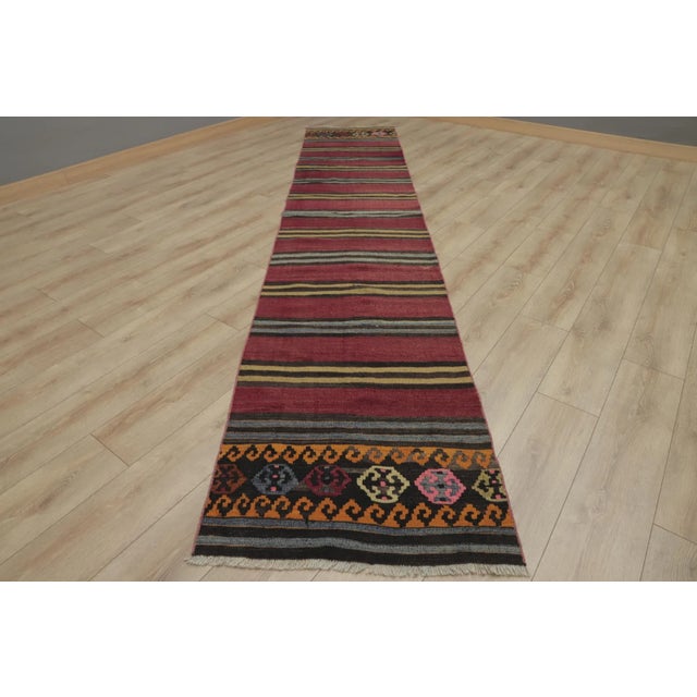 1960s Traditional Ethnic Natural Wool Red Striped Kilim Runner Rug ...