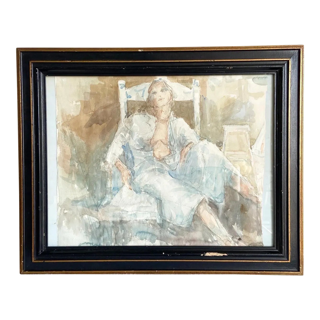 Framed Watercolor Painting of Lady Lounging in Robe Attire | Chairish