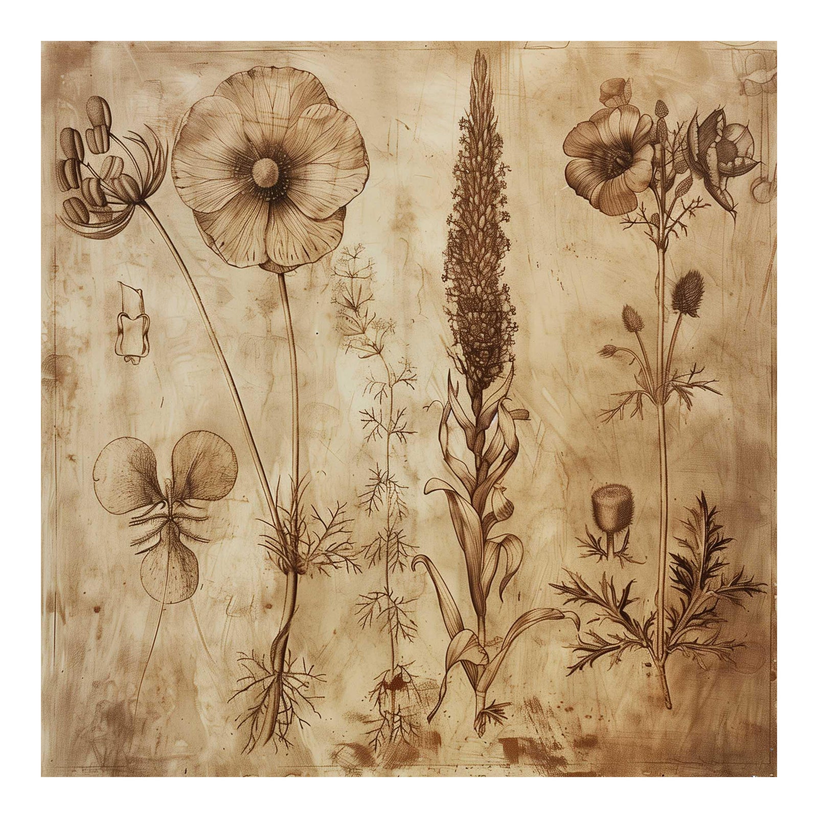 18' X 18' Original Botanical Print in the Style of 16th Century - Monochrome Sepia Grisaille ...