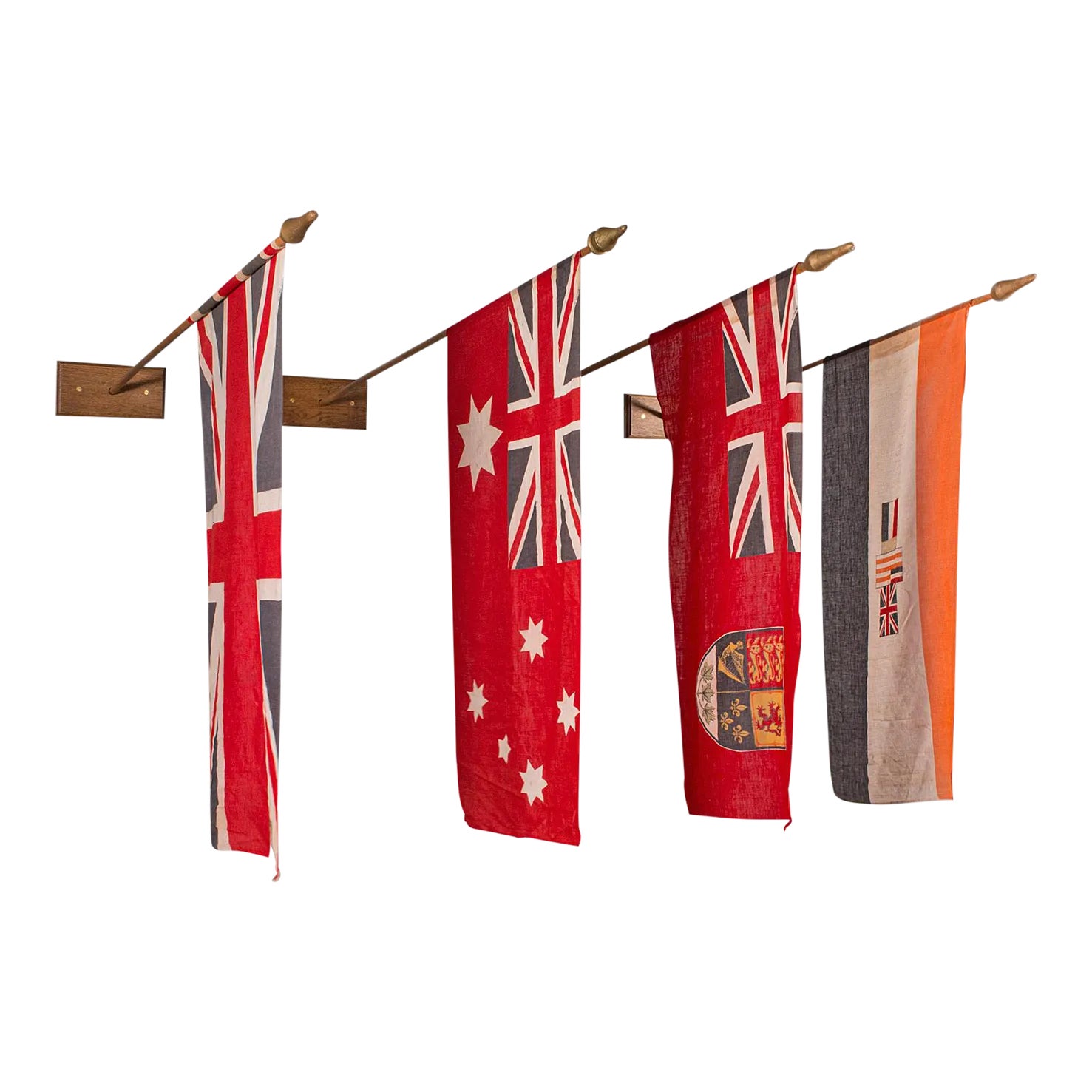 4 Vintage Empirical Embassy Flags With Oak Mount | Chairish