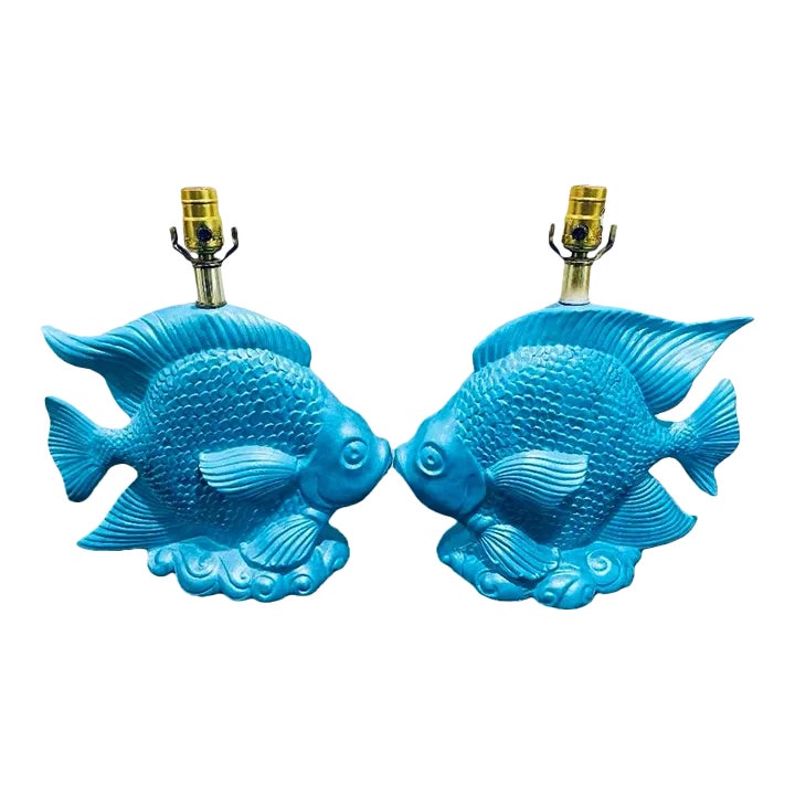 Vintage Coastal Tiffany Blue Ceramic Angelfish Lamps- a Pair | Chairish