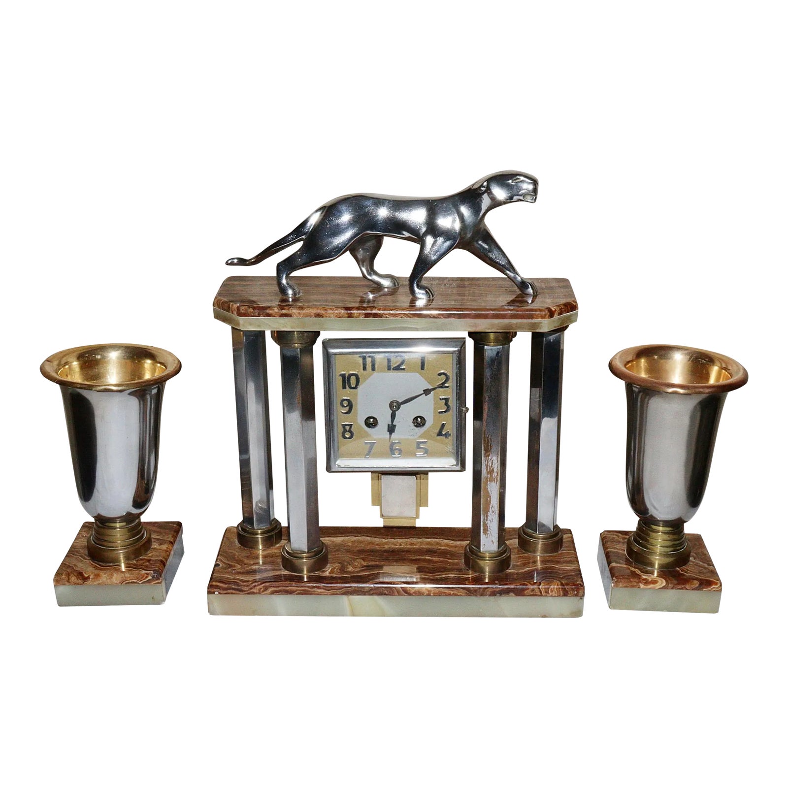 1920s Art Deco Michel Decoux Panther Marble & Chrome Clock - 3 Piece ...