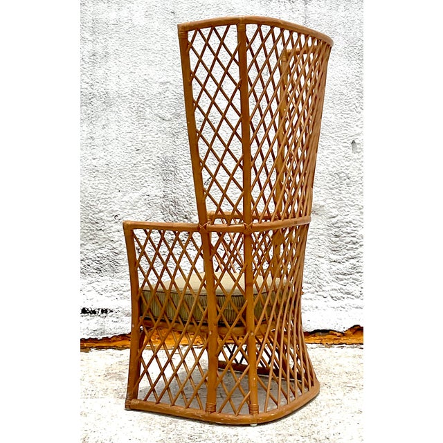 Vintage Coastal Trellis Rattan Wingback Chair | Chairish