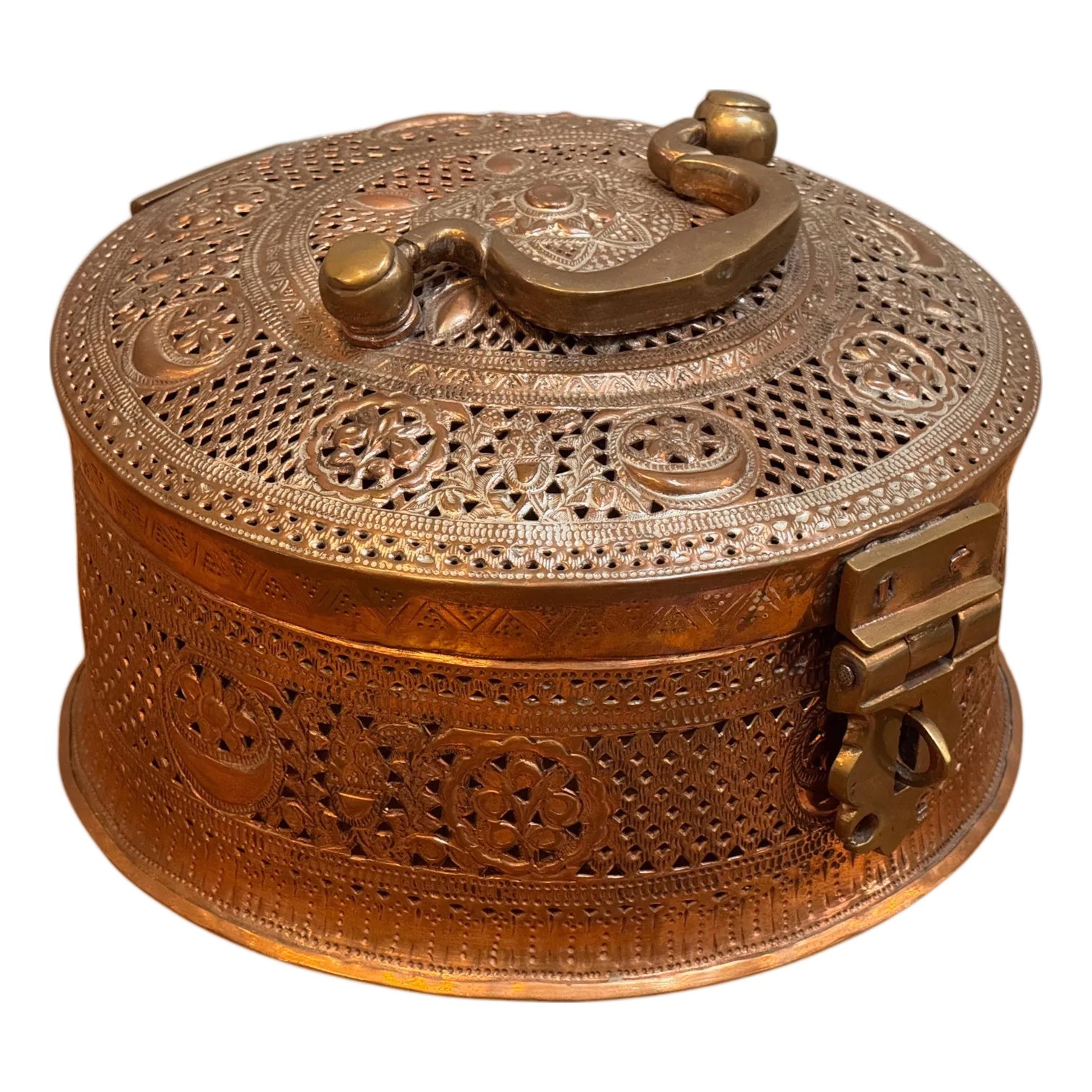 19th Century Indian "Paan Daan" Reticulated Copper Box | Chairish