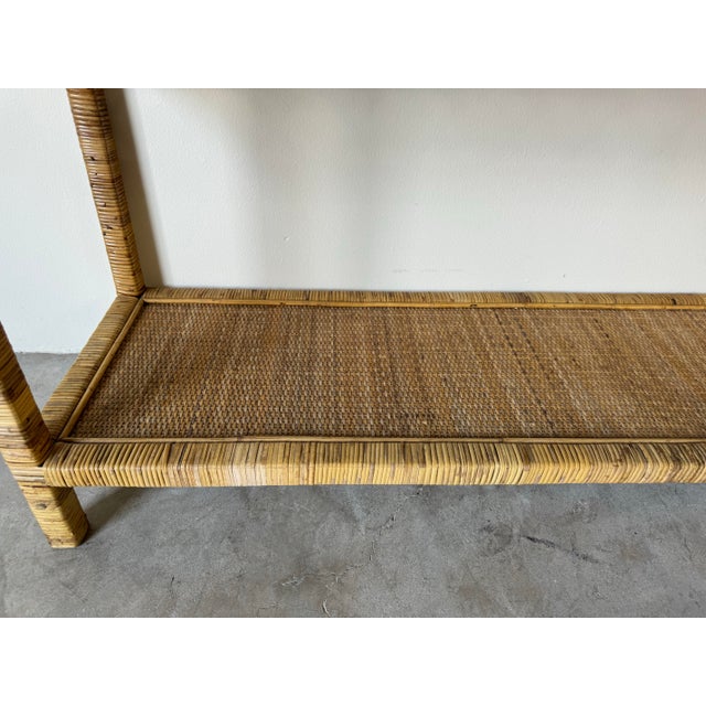 Vintage Boho Chic Coastal Woven Rattan Two - Tier Console Table | Chairish