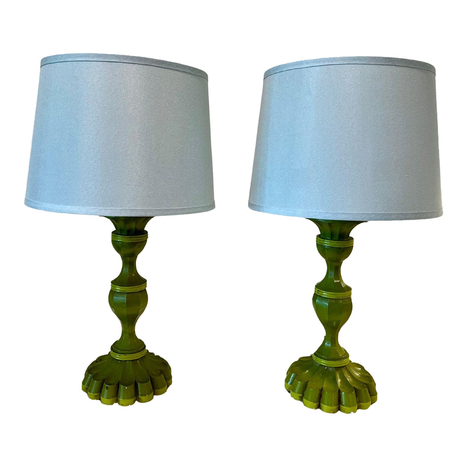 Pair of Vintage Tole Chartreuse Lamps With Light Blue Linen Shades ...