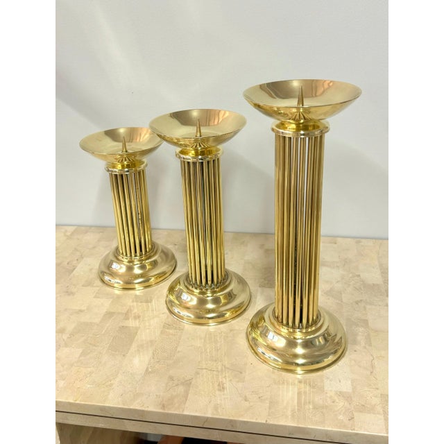 Vintage Brass Pedestal Pillar Candle Holders - Set of 3 | Chairish