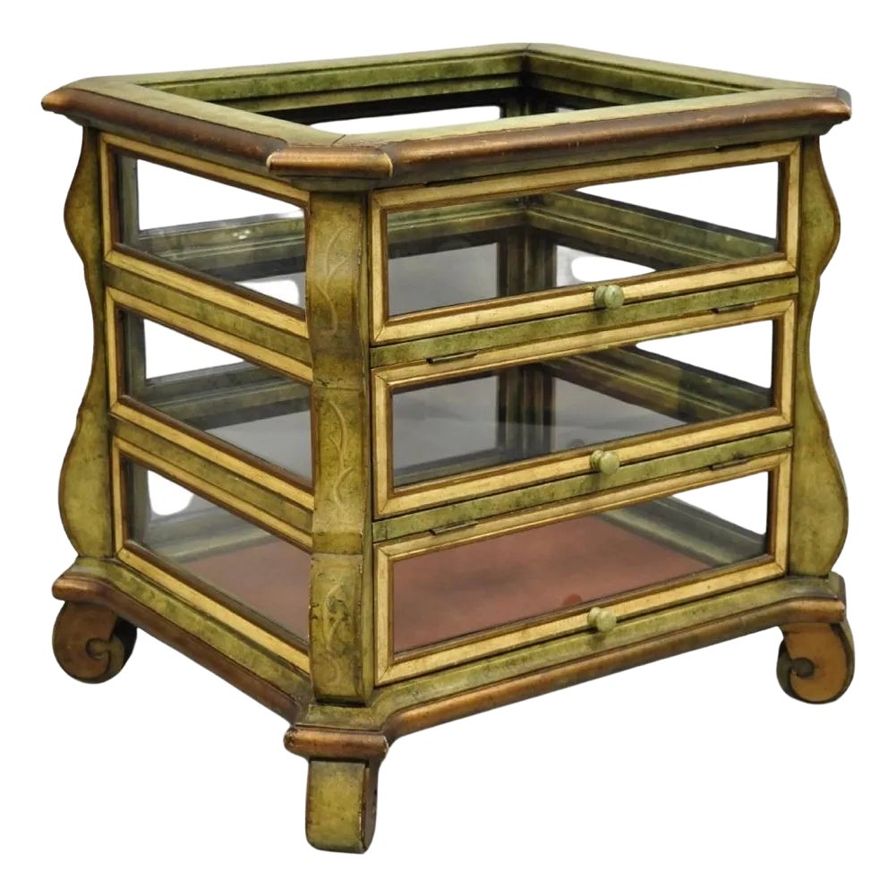 Decorator Italian Mediterranean Green Painted 3 Tier Glass Curio Side ...