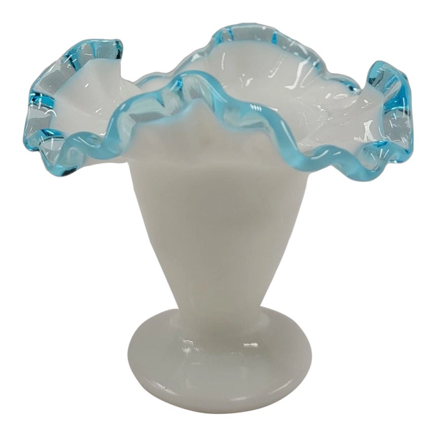 Vintage Fenton Milk Art Glass Crimped Ruffled Aqua Blue Crest Footed ...