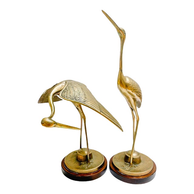 Mid-Century Extra Large Brass Cranes on Wood Bases - a Pair | Chairish