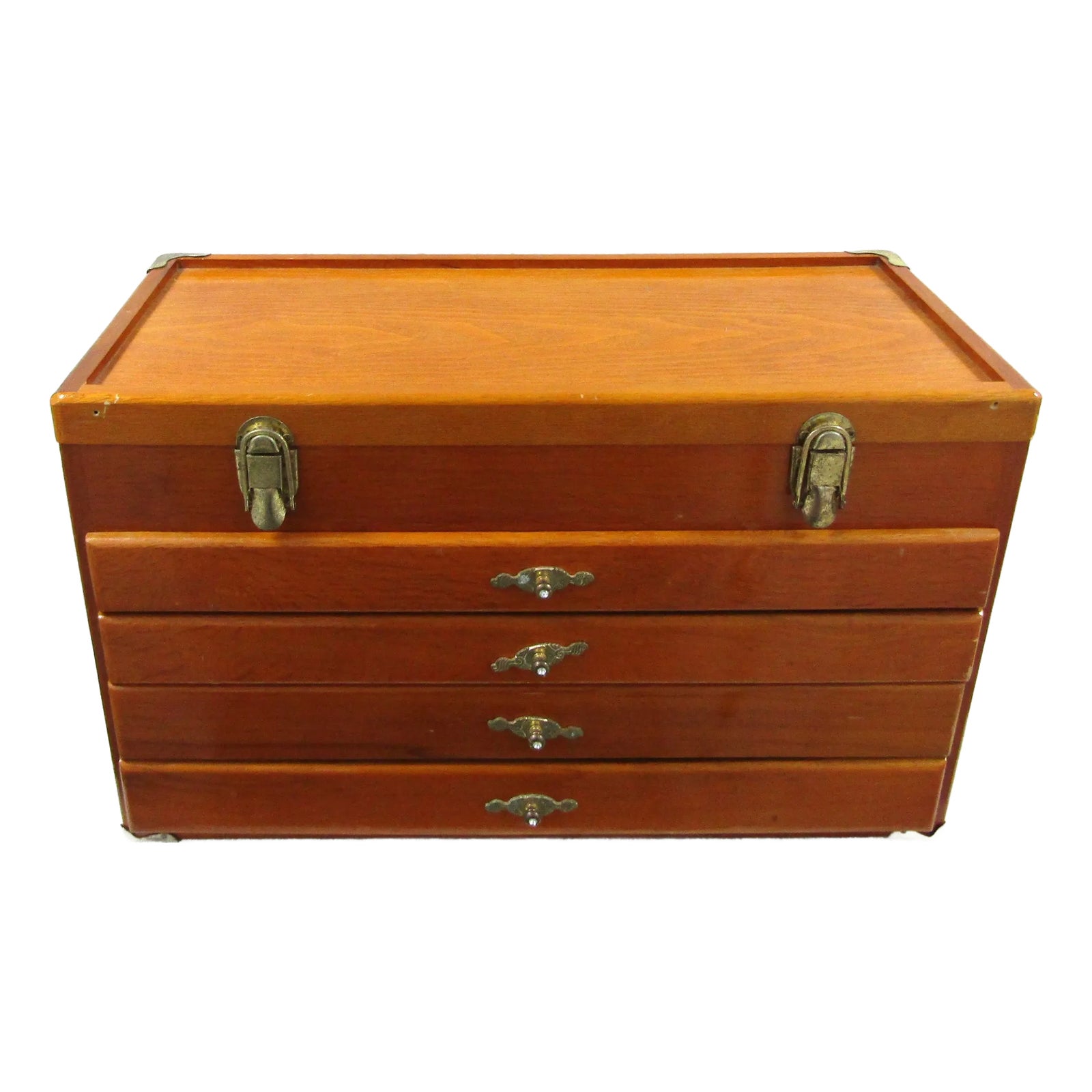 Antique Oak Four Drawer Tool Chest Storage Box Cabinet Felt Lined ...