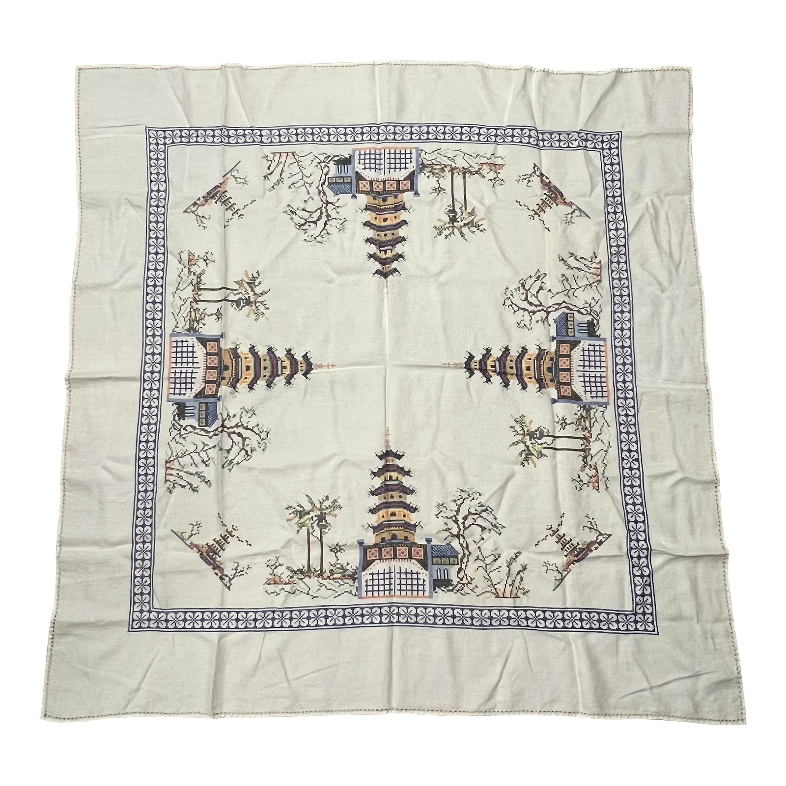 Vintage Asian Temple Pagoda Embroidered Table Covering Cloth | Chairish