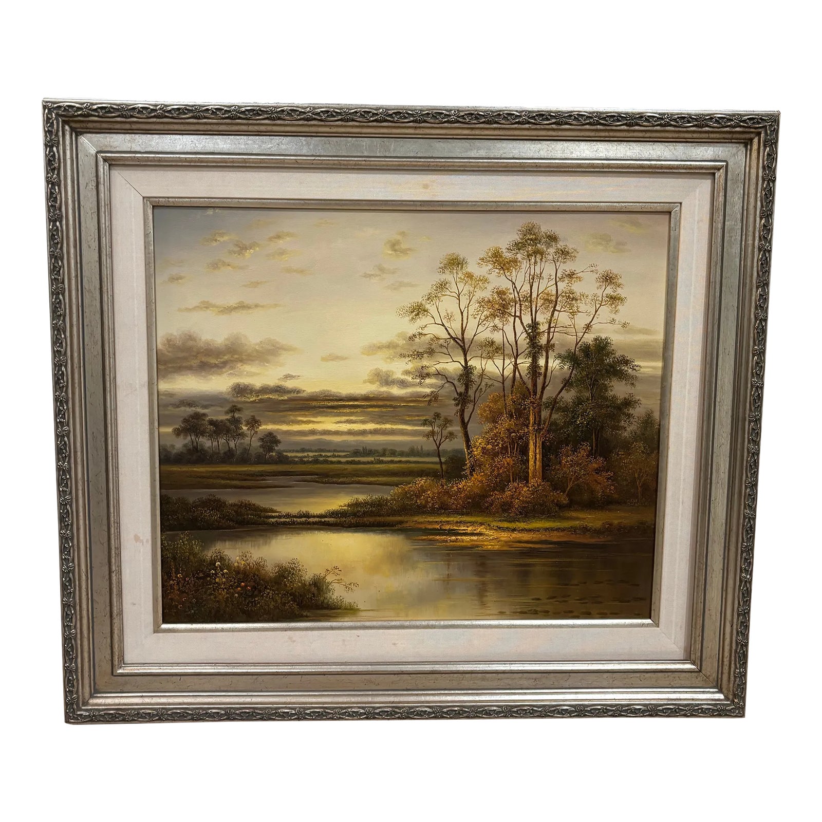 Vintage Framed Landscape Oil Print on Canvas | Chairish