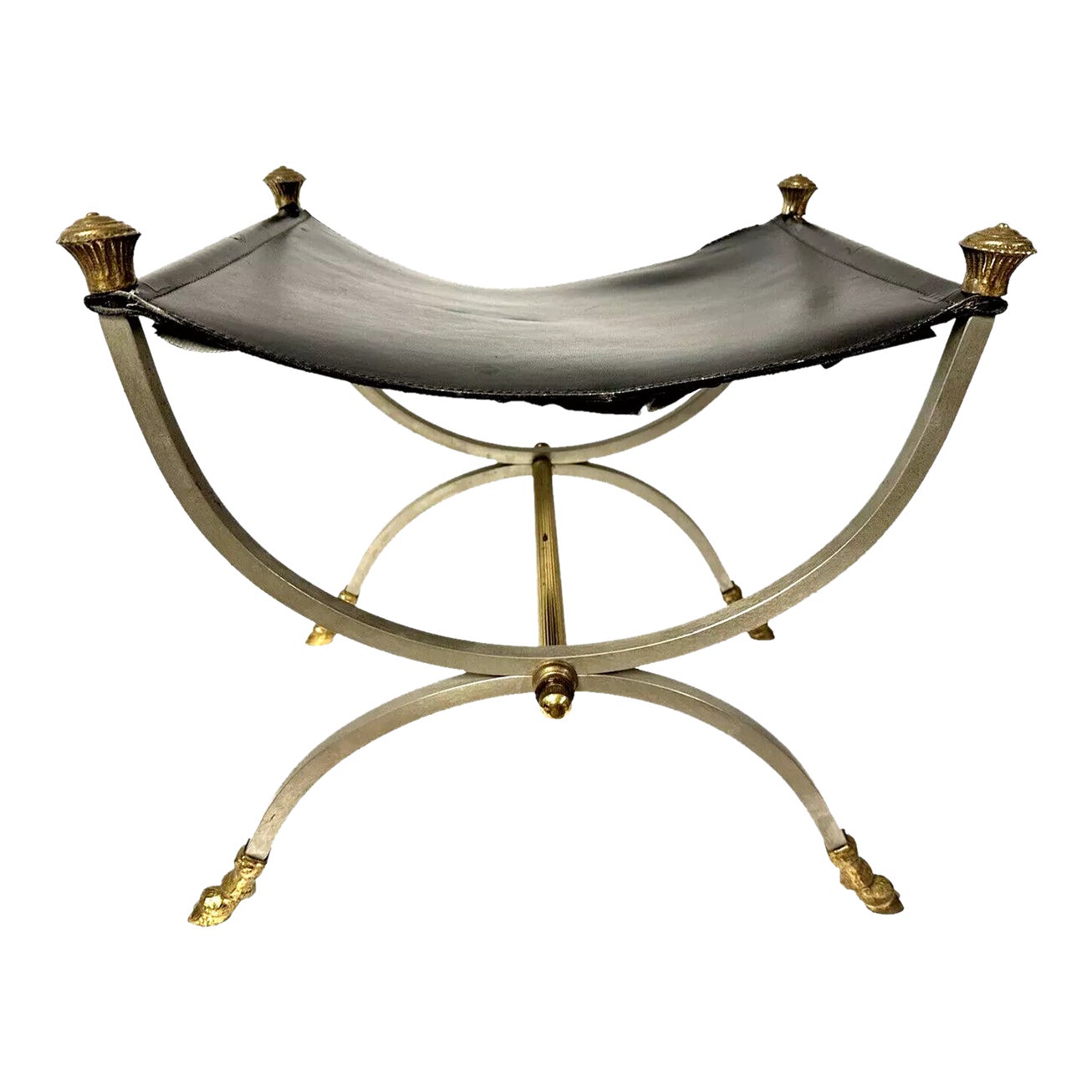 Late 20th Century Vintage Italian Curule Stool With Brass Hooves | Chairish