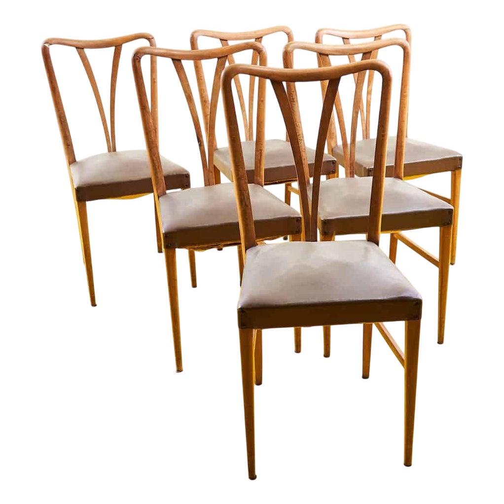 Vintage Chairs in Curved Wood and Eco-Leather, 1950s, Set of 6 | Chairish