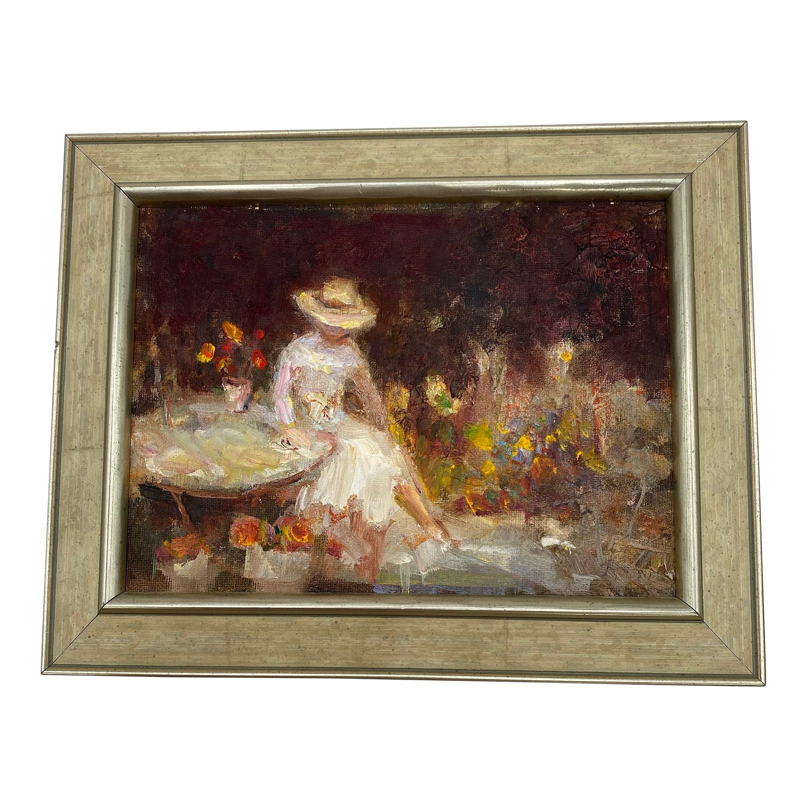 1990s Woman in Garden With Hat Oil Painting Framed Signed Ross - 8” X ...