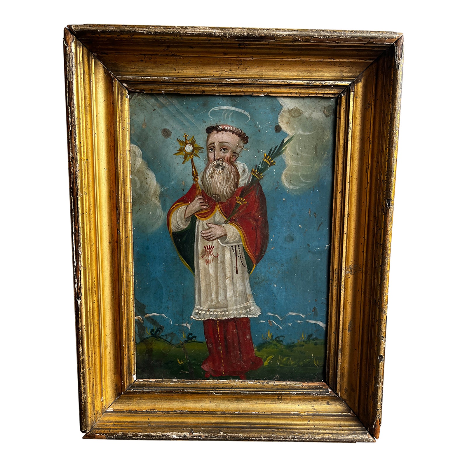 Late 18th Century Antique Retablo in Gold Frame | Chairish
