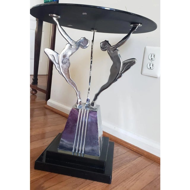 Art Deco Style Cast Aluminum Figural With Enameled Metal Base and Glass ...