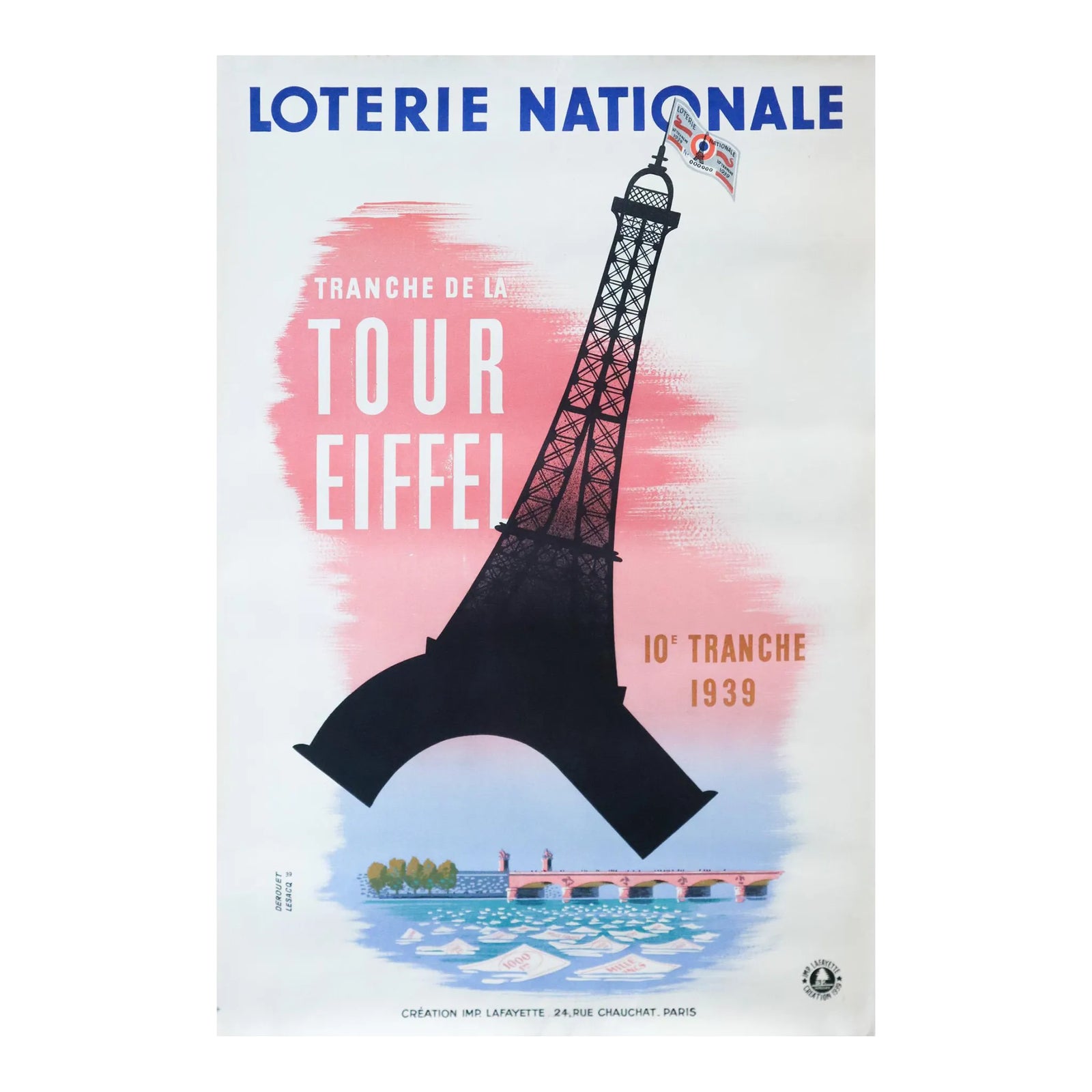 1939 French Loterie Nationale Poster - Eiffel Tower, Tour Eiffel | Chairish