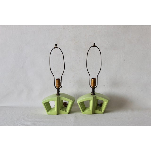 1950s Vintage Green Double Keyhole Ceramic Lamps With Original Shades -A Pair | Chairish