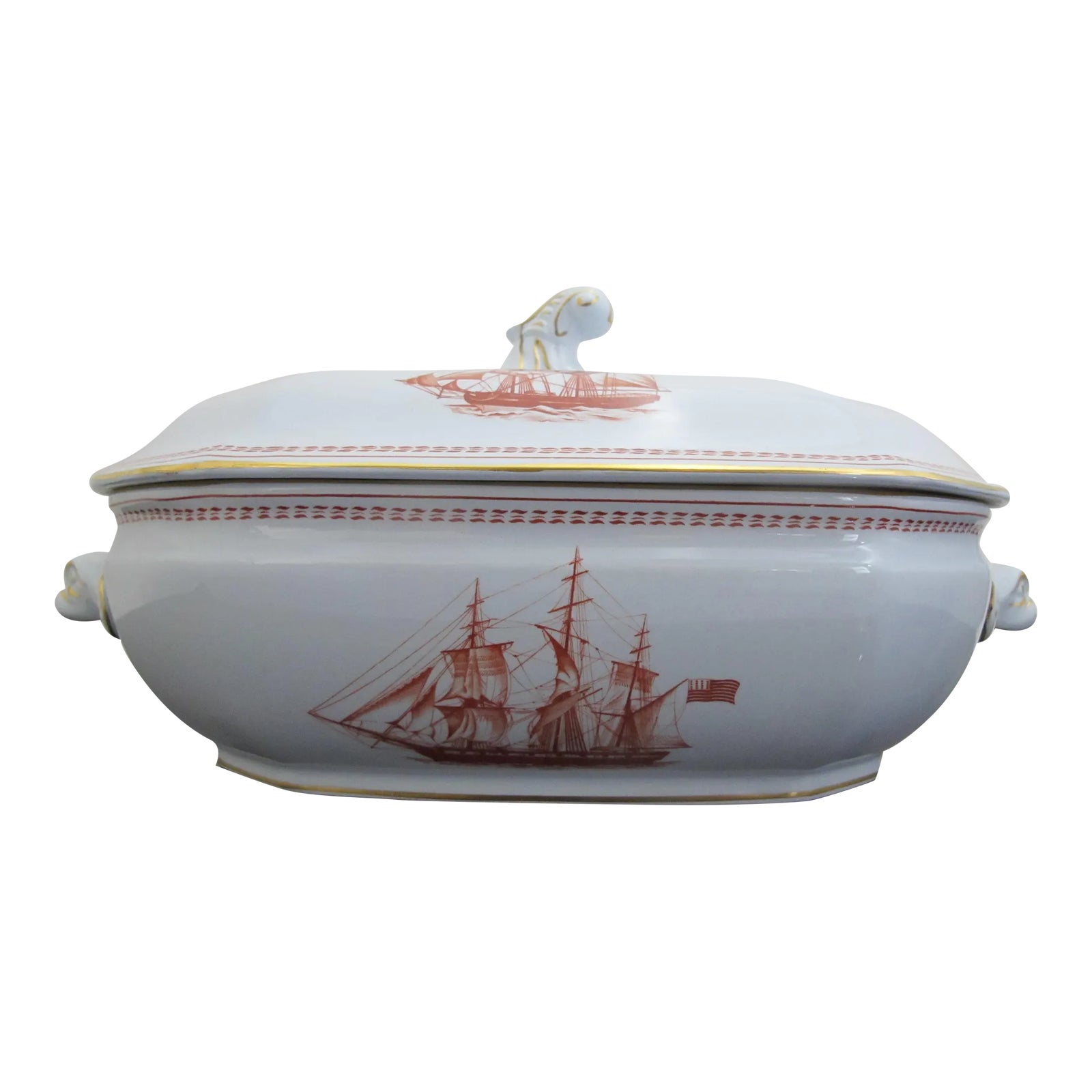 Spode Copeland Red Gold Trim Ship Trade Winds 11 1/8" Covered Vegetable ...